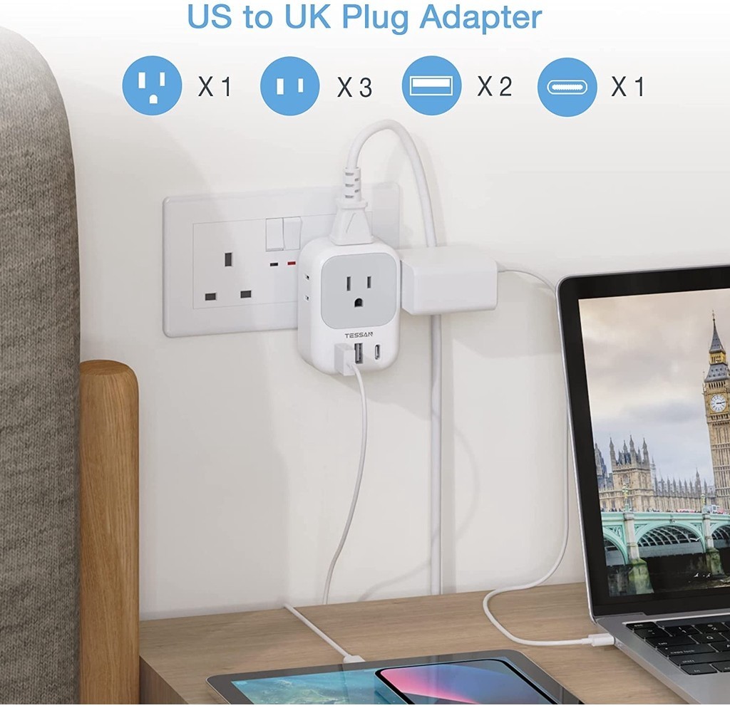 TESSAN Type G Plug Adapter with USB+Type C,Conversion Plug Adaptor for ...