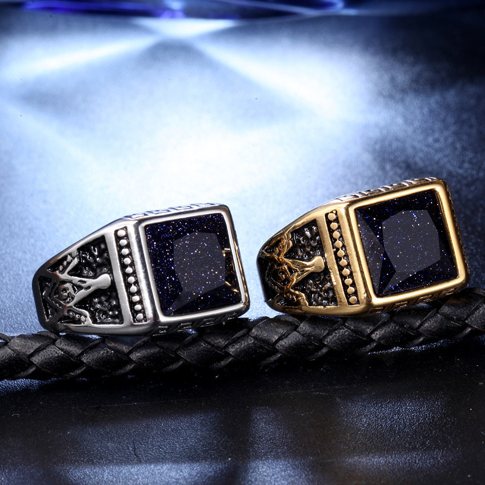 Vintage Gothic Punk Masonic Titanium Steel Ring Alabaster Onyx Noble ...