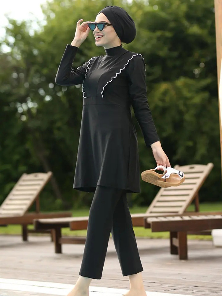 Black Muslim Swimwear Women Modest Patchwork Hijab Long Sleeves ...