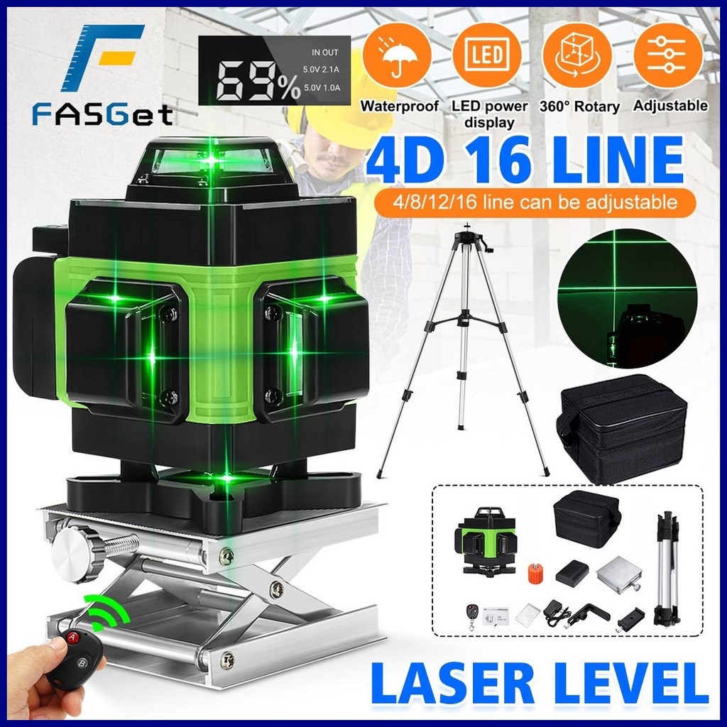 4D 16 Lines Green Laser Levels 360 Horizontal &Vertical Cross Lines Auto Self-Leveling super ...