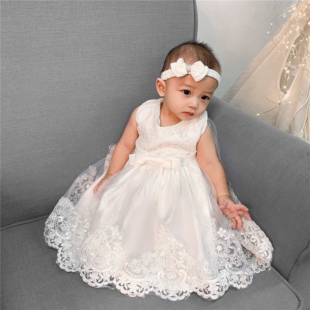 White Christening Dress for Baby Girl 1 Year Old Infant Baby Lace Dress Big Bow White Baptism ...