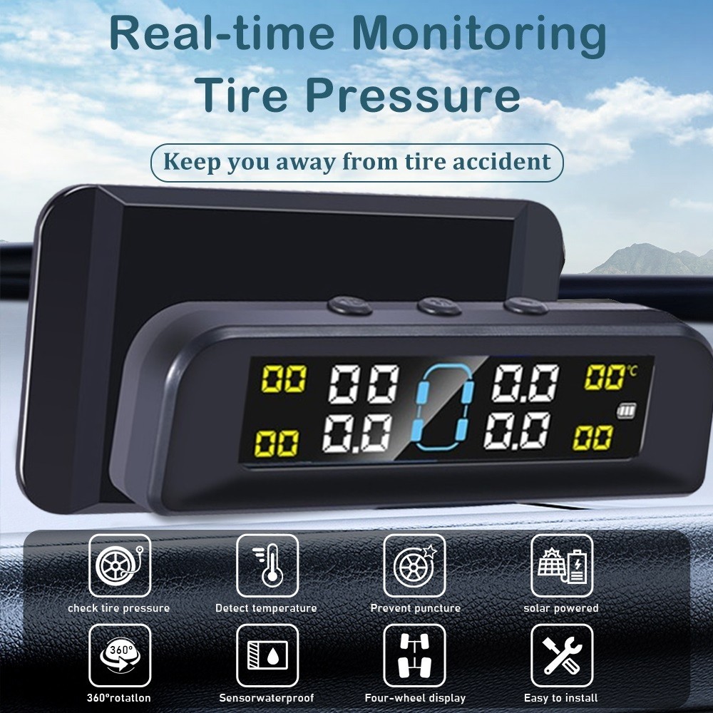 Smart Car Tpms Tire Pressure Monitoring System Solar Digital Clock Lcd Display Car Tire Pressure