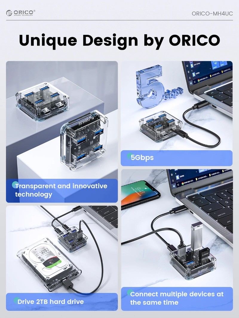 ORICO Transparent Usb C Hub 4 Port Expansion With Power Supply ...