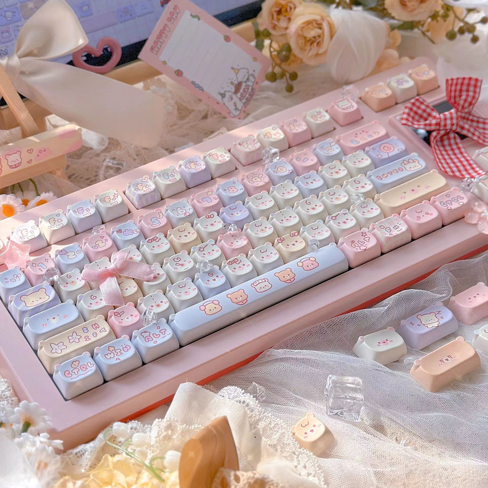 【Unique Bear Head Design】Creative Pink Keycaps EAO Profile Five Sides ...