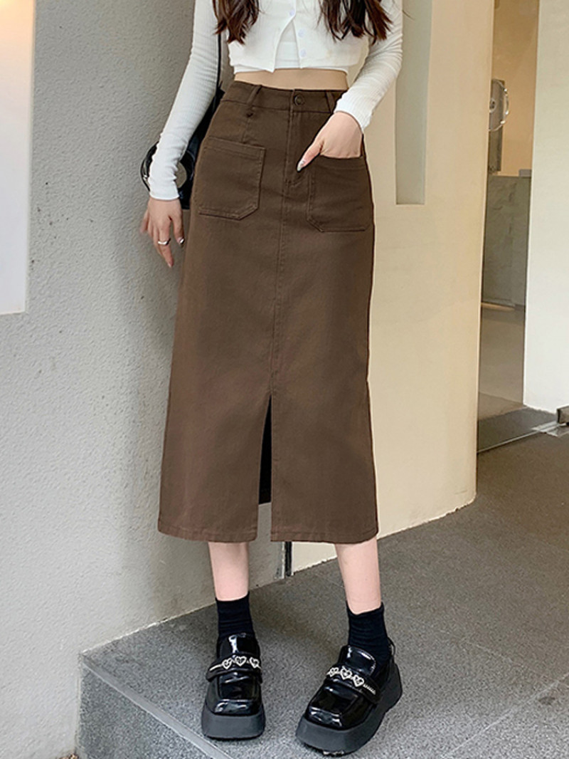 Korean Style Skirt With Slit Palda Denim Long Skirt High Waist Fat ...