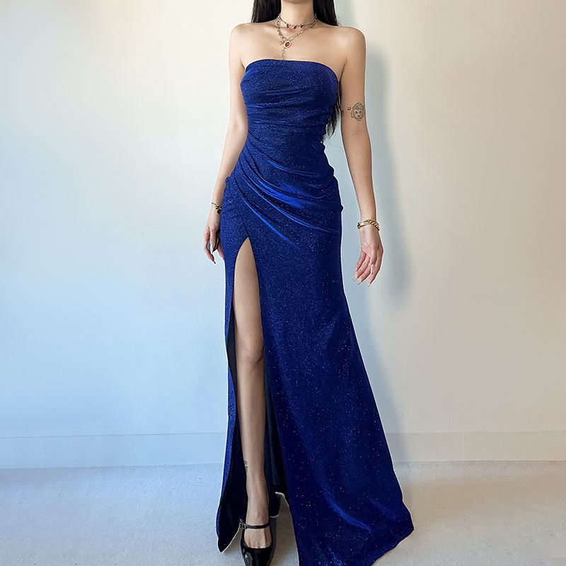 Korean Blue Off Shoulder Elegant Evening Prom JS Cocktail Split Long ...