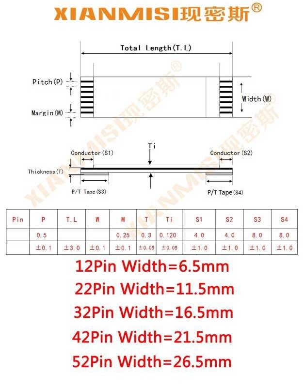 Ffc/Fpc Flat Flex Ribbon Cable 12Pin 22Pin 32Pin 42Pin 52Pin Same Side ...