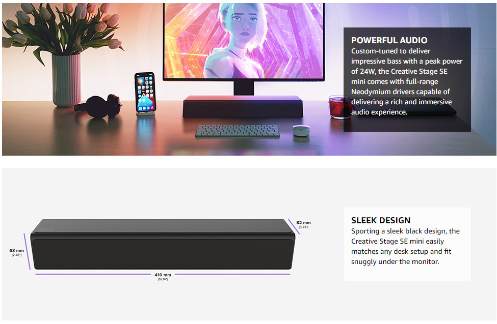 Creative Stage SE Mini Compact Under-Monitor PC Soundbar with Bluetooth ...