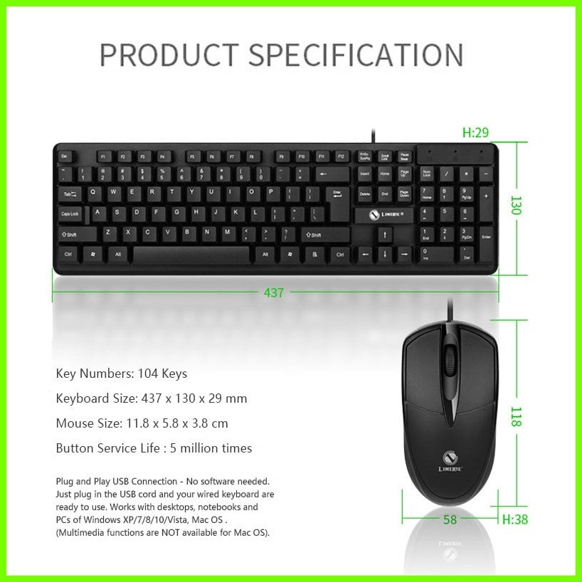Limeide T13 104 Keys Basic Interface Game Gaming USB Keyboard and Mouse ...