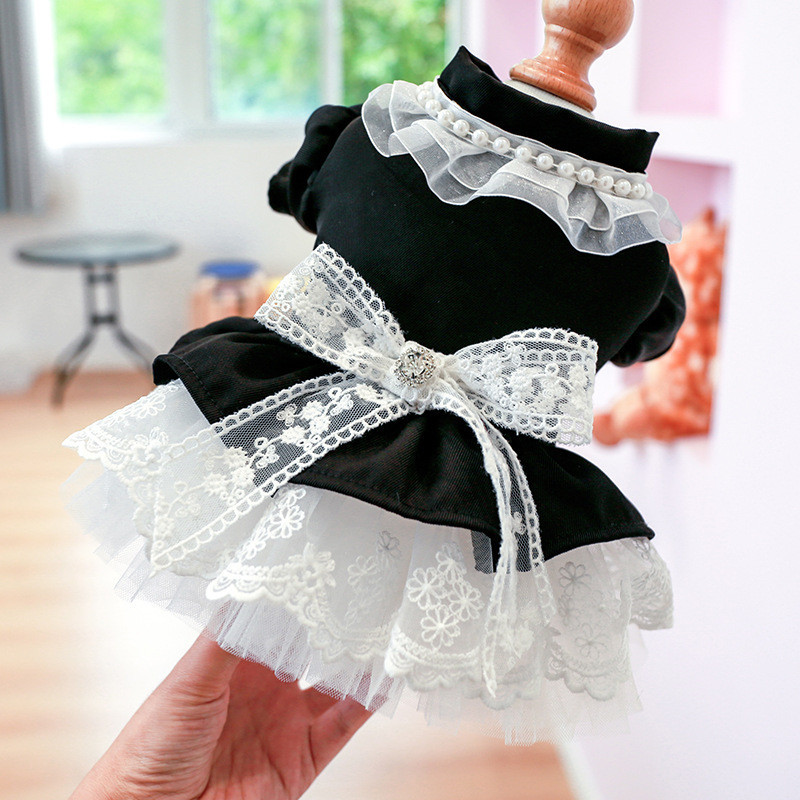 Black Apparel Gown for Dog Cat Pearl Gauze Lace Tutu Dress Pet Female Wedding Birthday Skirt ...