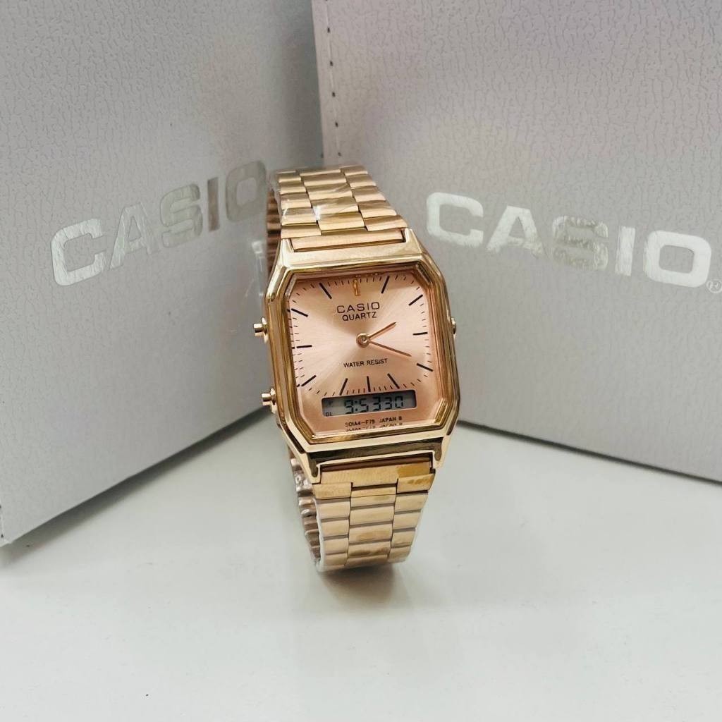 Vintage AQ-230 Gold/Black/Silver Line 30 Meter Dual Time Quartz Watch ...