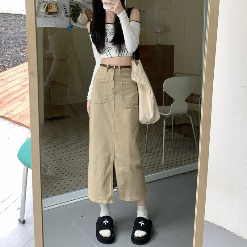 Korean Style Skirt With Slit Palda Denim Long Skirt High Waist Fat ...