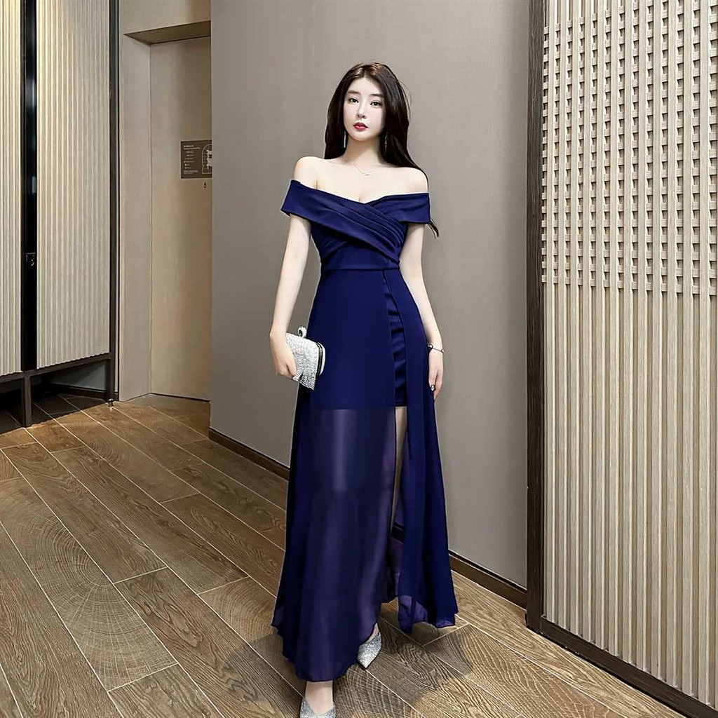 Korean White Black Blue Chiffon Off Shoulder Evening Prom JS Cocktail ...