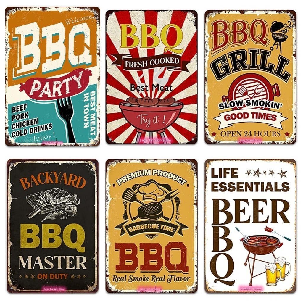 BBQ Vintage Metal Tin Signs,Barbecue Party Beef Chicken Cold Drink for ...