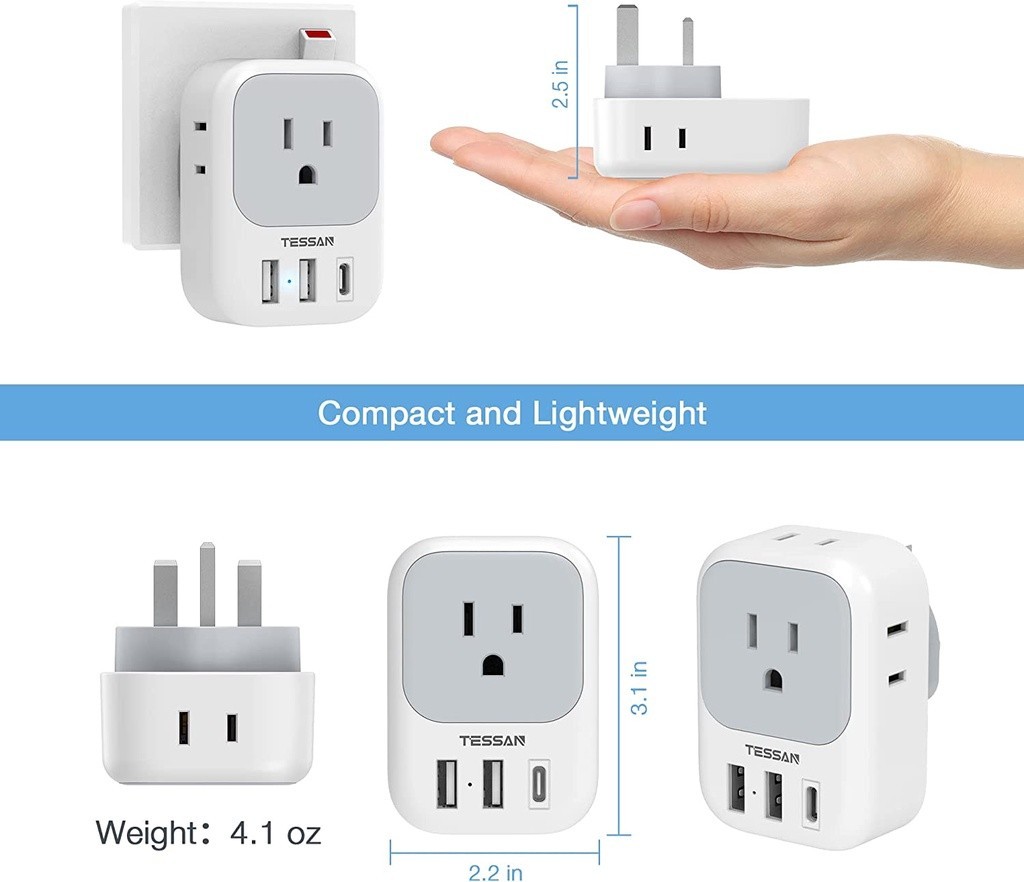 TESSAN Type G Plug Adapter with USB+Type C,Conversion Plug Adaptor for ...