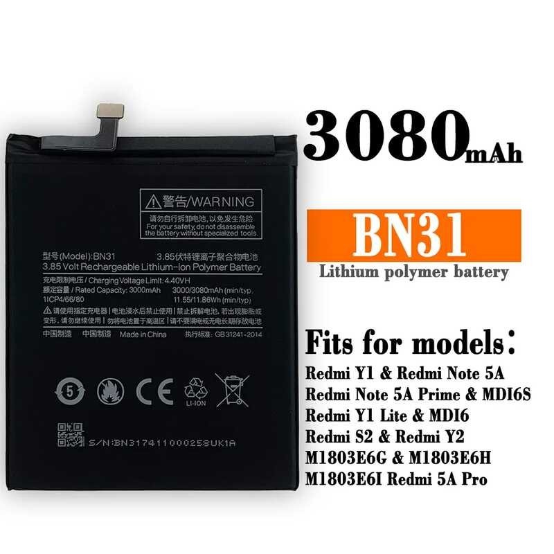 BN31 3080mAh Battery For Xiaomi Mi 5X Mi5X Redmi Note 5A Pro Mi A1 Redmi Y1 Lite S2 BN31 Lithium ...