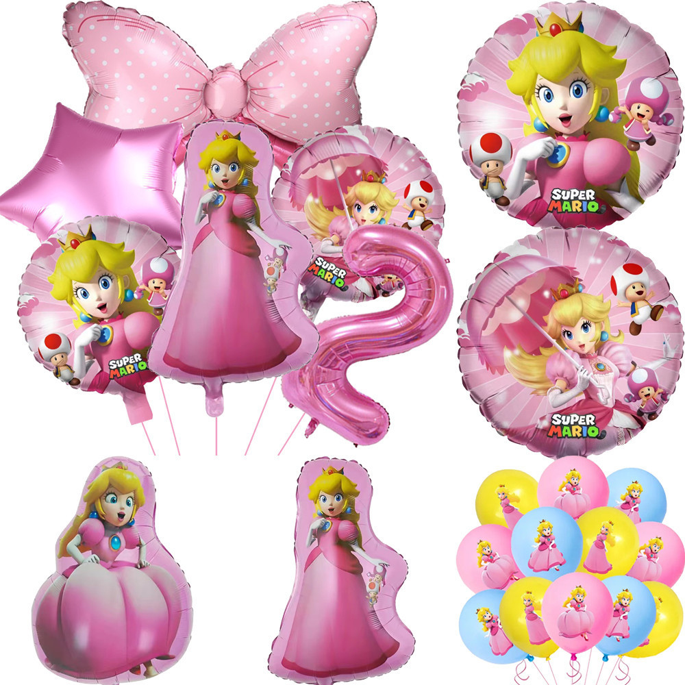 Pink Princess Peach Birthday Balloons Set Cartoon Peach Foil Balloon ...