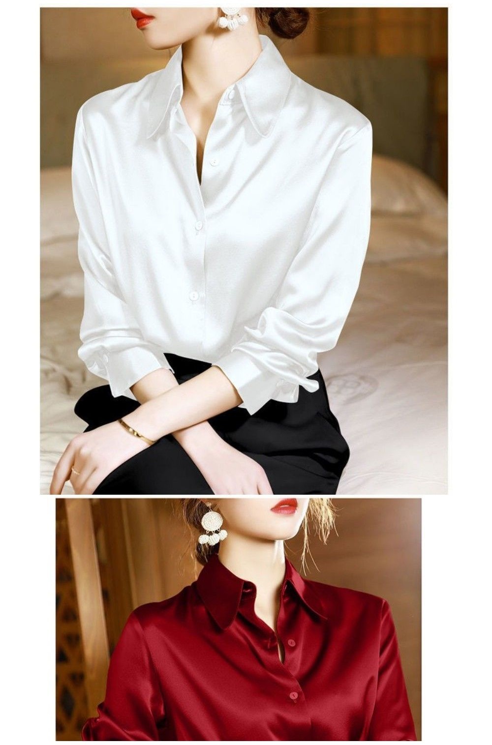 {Shipped From Manila+COD} Elegant Red Blouse for Women Silk Satin White ...