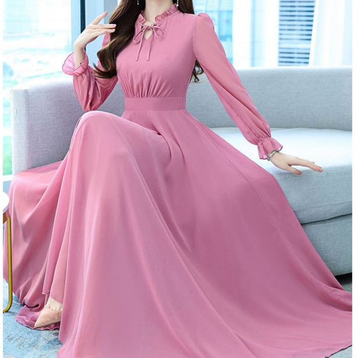Kababaihang Fit And Flare Chiffon Mahaba Manggas V Leeg Malawak Hem ...