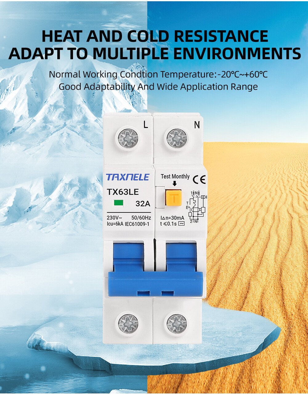 TAXNELE 230V 2P Residual Current Circuit Breaker 30mA Overload Short Current Leakage Protection ...