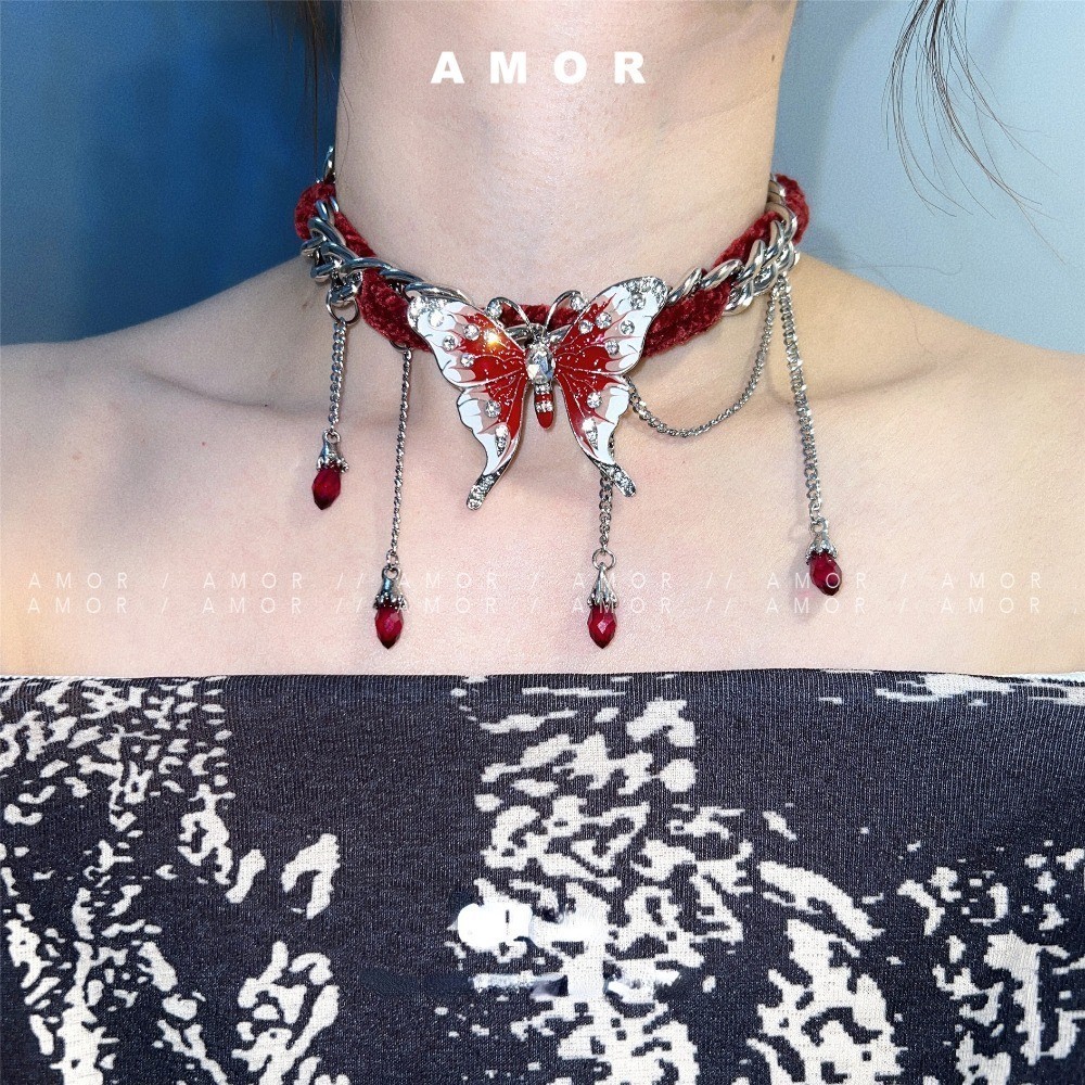 Red velvet butterfly tassel female spicy girl sweet and cool necklace ...
