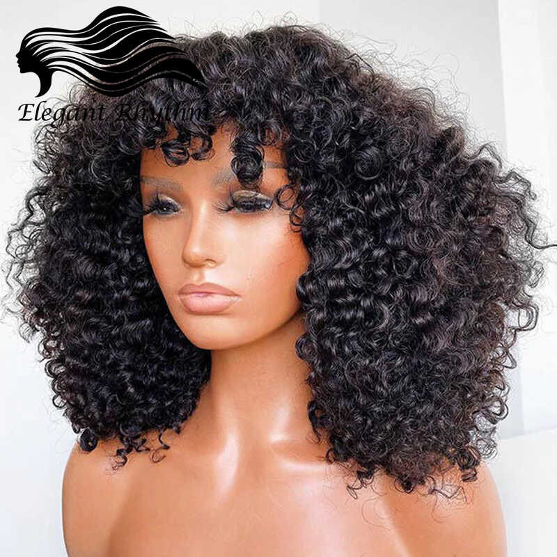Kinky Curly Short Bob Wigs With Bangs For Black Women 180 Density