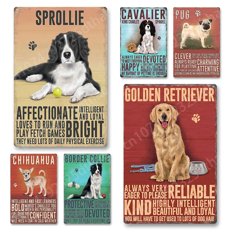 Vintage Dogs Golden Retriever Pug Metal Tin Sign Posters Pet Shop Cafe ...