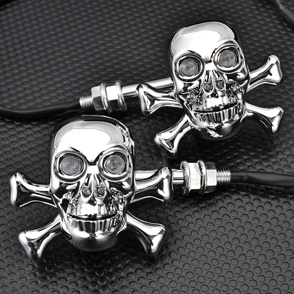 Chrome/Black Skull Motorcycle LED Turn Signal Lights Indicators For ...