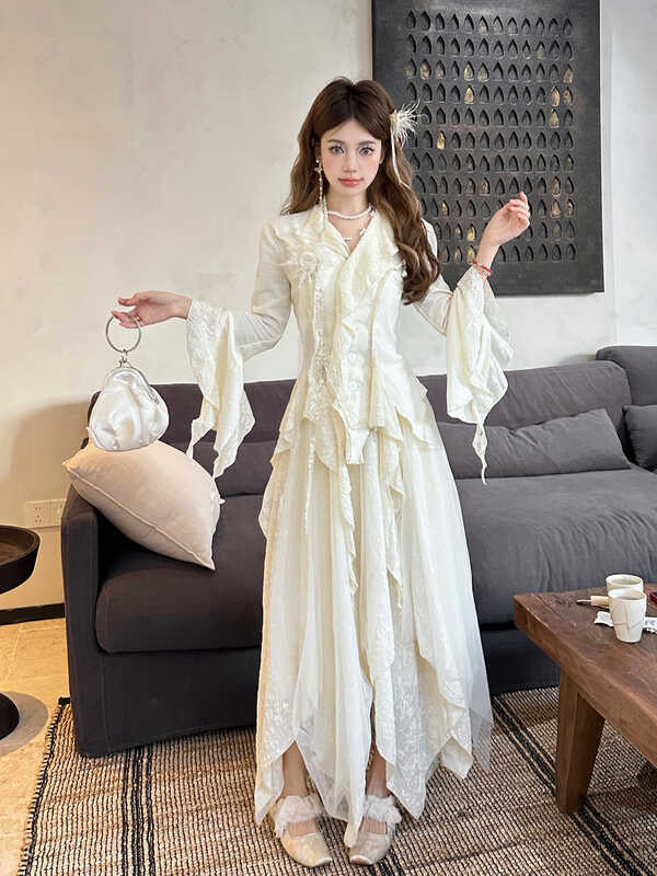 all Canglan Wabi Sabi Wind Fairy Style White Long Sleeve Top Irregular ...