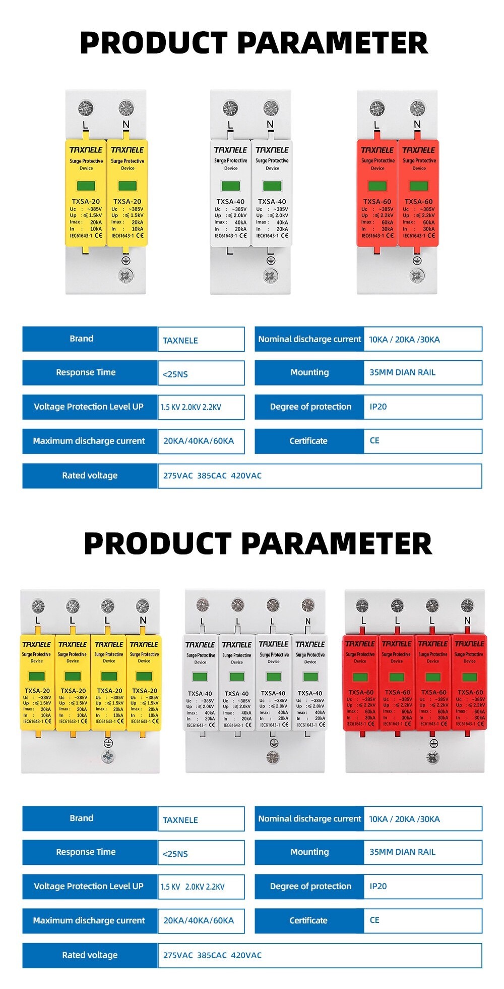 AC SPD Din rail 20KA 40KA 30KA 60KA 2P 4P 385V House Lightning Surge Protector Low-voltage ...
