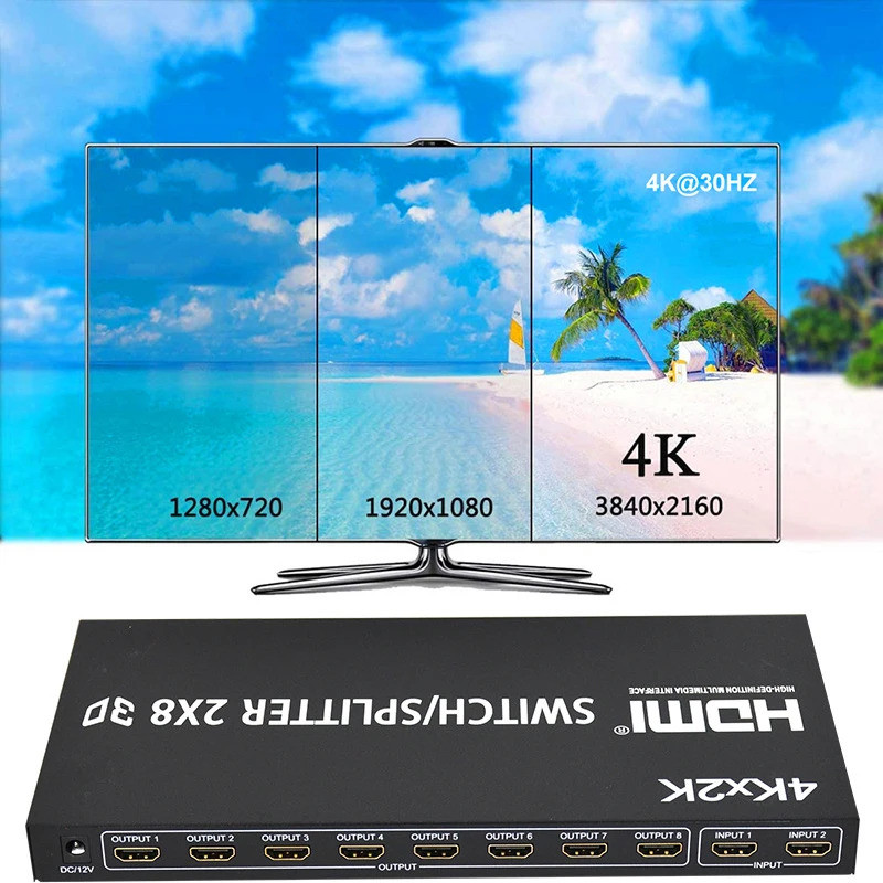 4K 3D HDMI Switch Box Selector 2x8 2 In 8 Out HDMI Splitter 1 to 8 ...