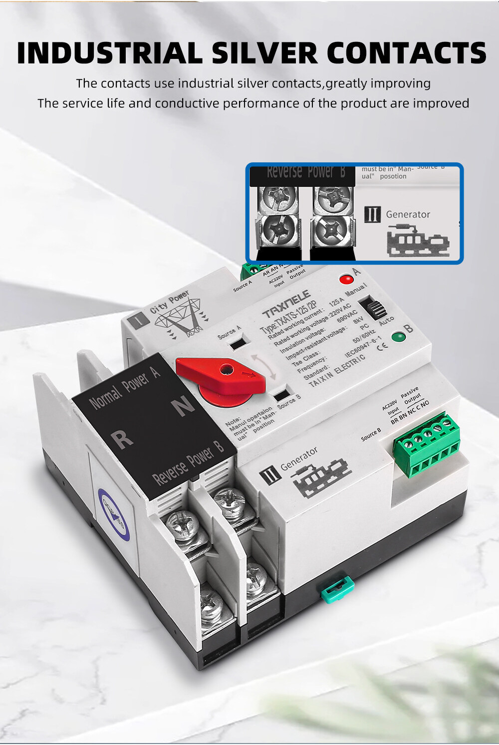 TAXNELE Din Rail 2P 4P ATS Dual Power Automatic Transfer Switch 63A 125A Selector Switches ...