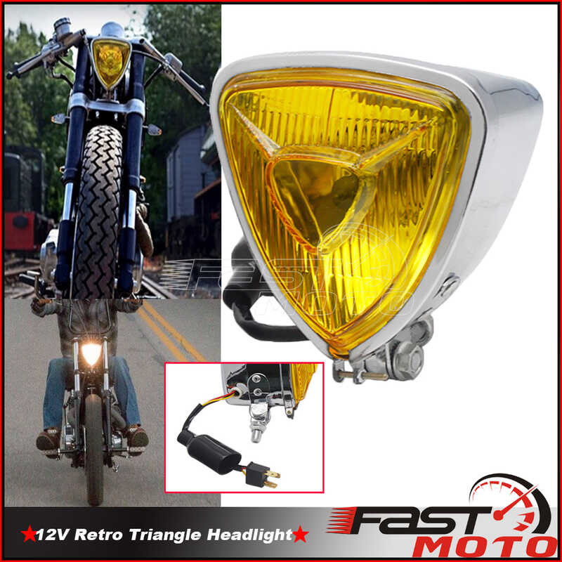 Retro Triangular Headlights, Chrome Shell, Yellow Lens, Bobber ...