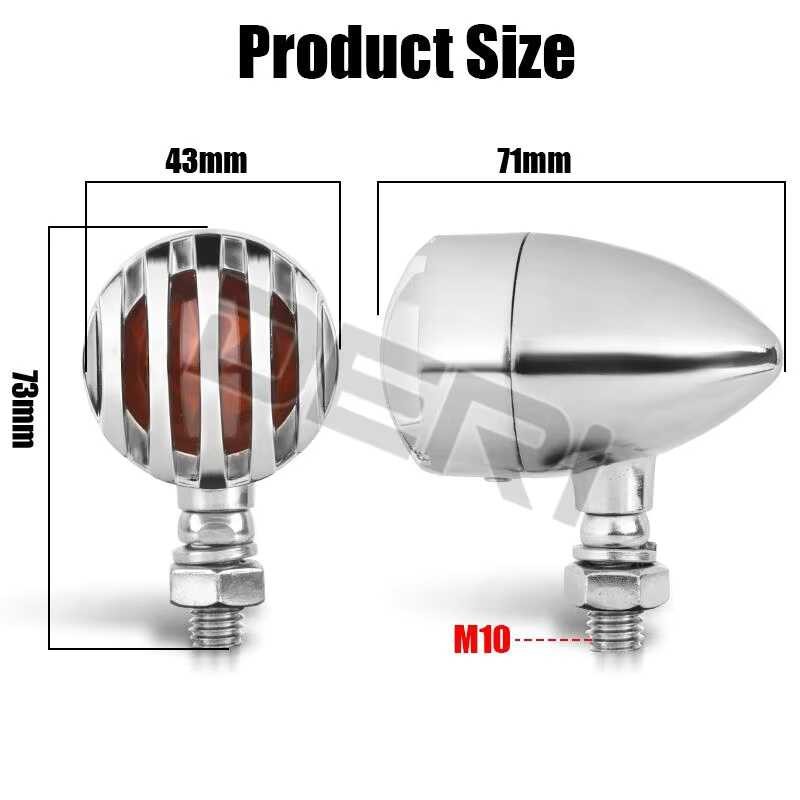 Motorcycle Retro Turn Signal Light 10Mm Bolt 12V Bullet Grilled ...
