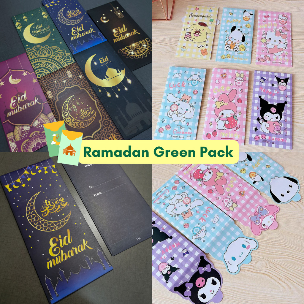 EASY WEARHOUSE 4pcs S@nri0 Angpao Raya Green Pack Mel0dy Kur0m1 Cinnam0r0ll Hel!0 Kitty P0chacco ...