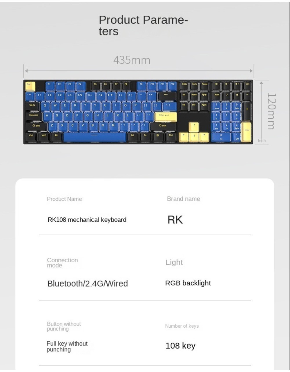 Royal Kludge RK108 Keyboard Mechanical 100% Layout RGB Bluetooth 3-mode ...