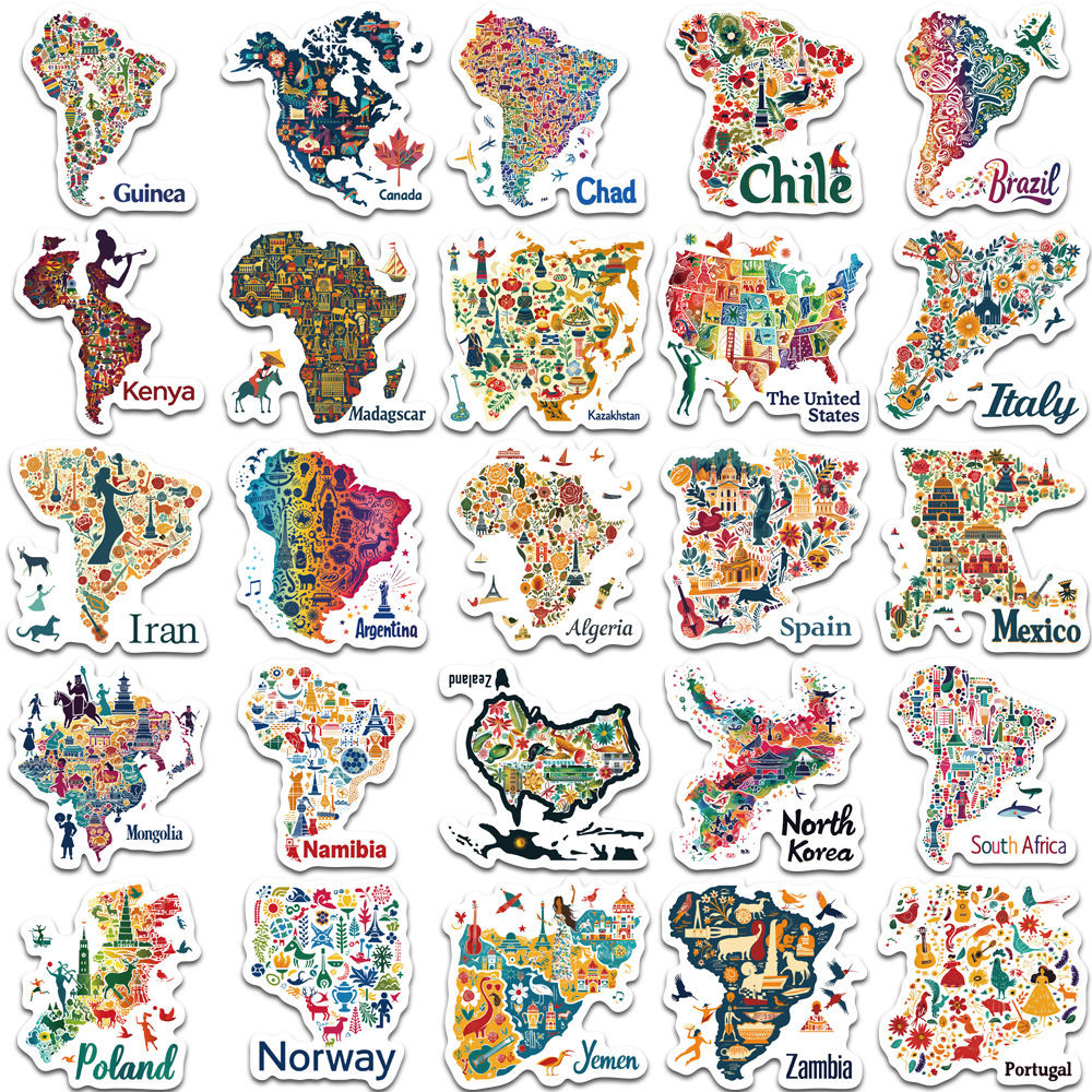 100 Stickers of Maps In Cultural Symbols and Icons Country Creative ...