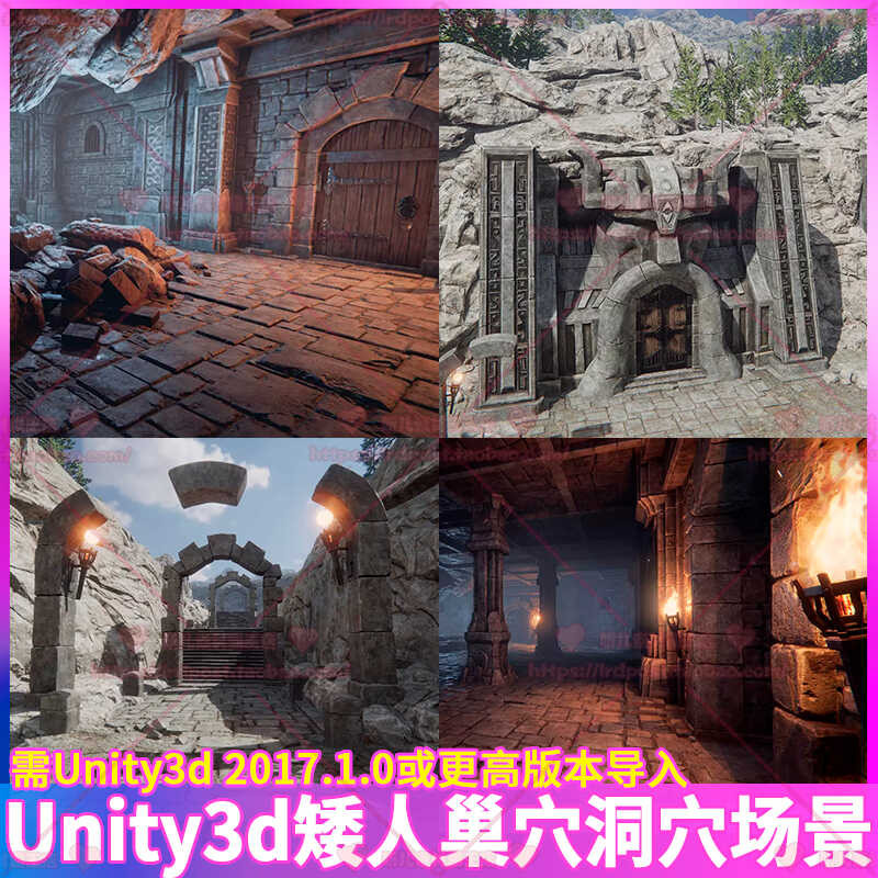Unity3d Dwarf Lair Cave Stone Pillar Cliff Underground Palace Fire Torch Wooden Door Staircase ...
