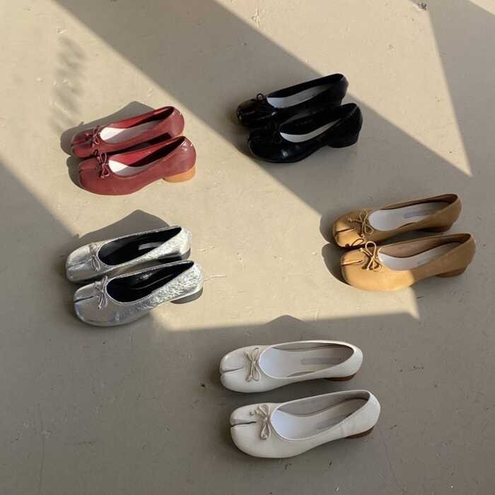 niche genuine leather bow shallow mouth pig feet split toe Mary Jane ...