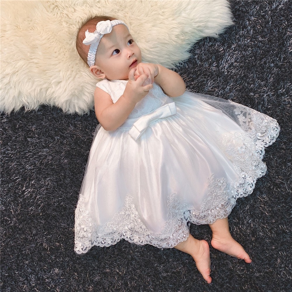 White Christening Dress for Baby Girl 1 Year Old Infant Baby Lace Dress Big Bow White Baptism ...