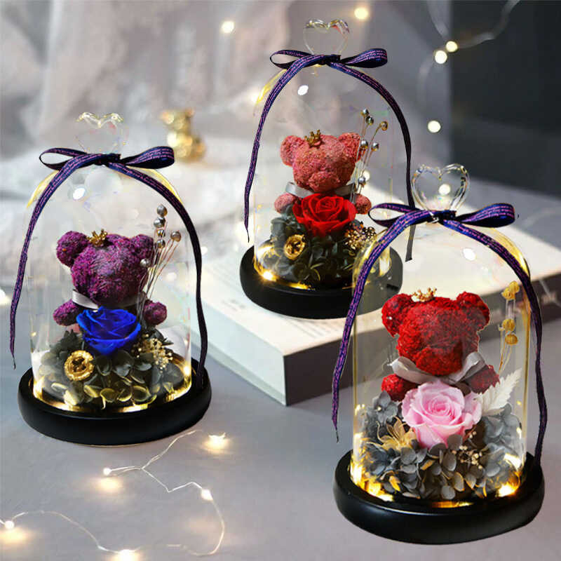 Eternal Preserved Flowers Bear, Rose Maganda Teddy Bear Sa Heart Glass ...
