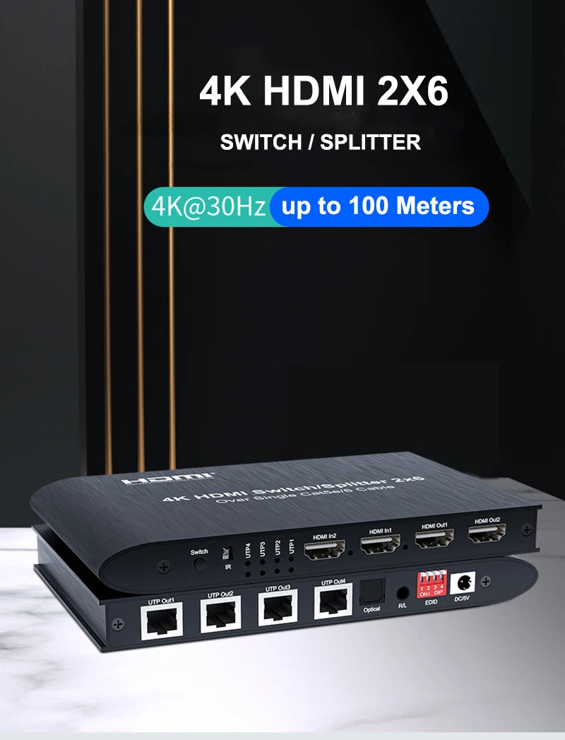 4K 2x6 HDMI Switch Splitter Transmitter with 2 HDMI Port 4 RJ45 Network ...