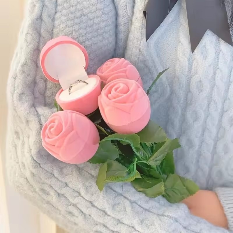 [ Featured ] Flocking Rose Flower Ring Box - Proposal Props - Gift ...