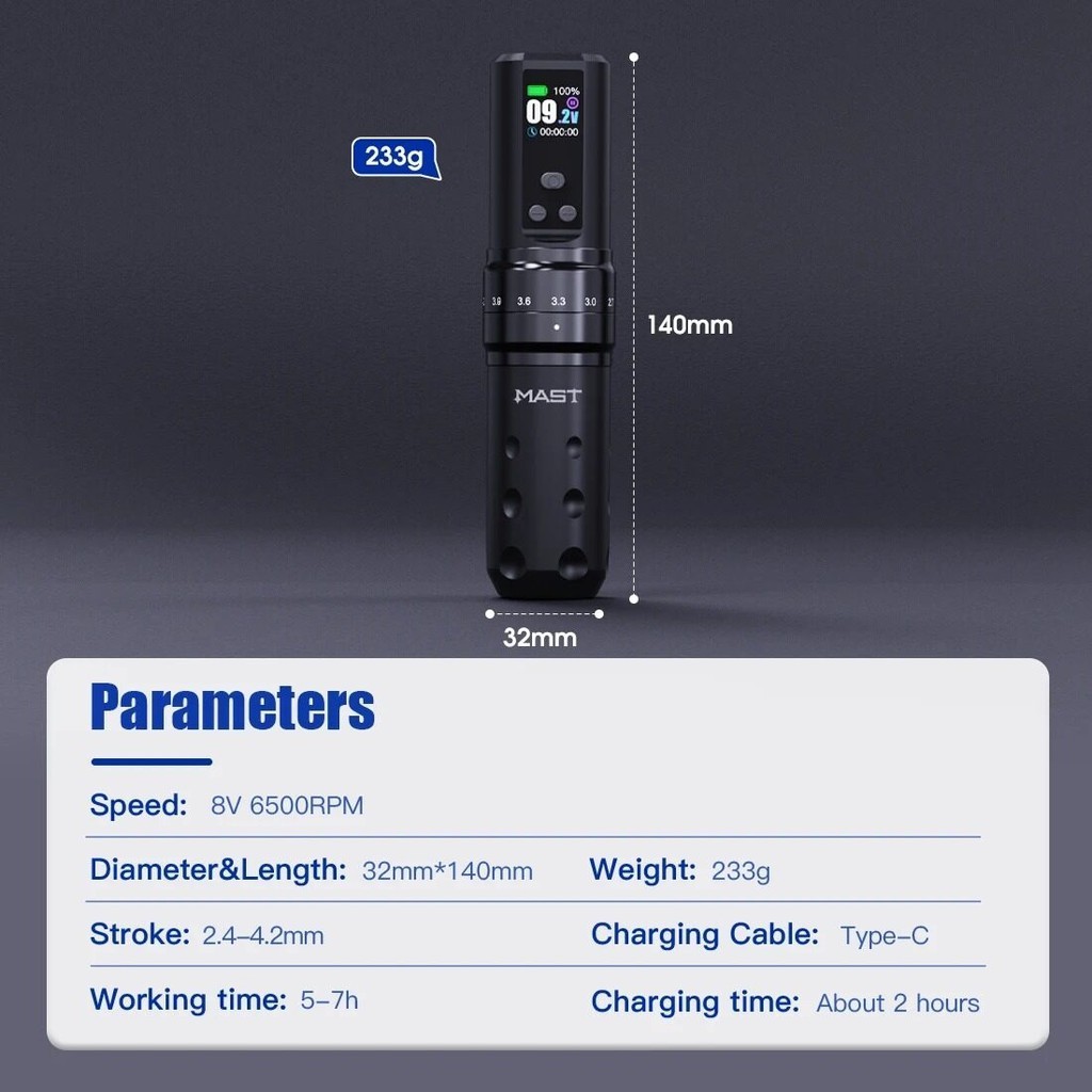 Mast Fold 2 Pro Wireless Tattoo Pen Machine 7 Adjustable Stroke Length ...