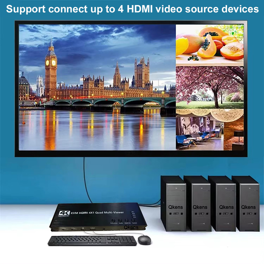 4K HDMI KVM 4x1 Quad Multi Viewer 4 in 1 Out 4 Channel Screen Video Multiviewer Seamless Switch ...