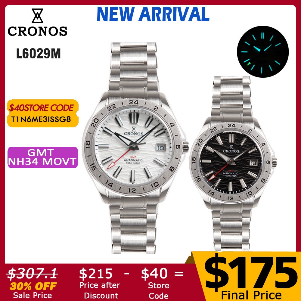 Cronos GS Mechanical Men Watch 39mm GMT NH34 Automatic Bubble Sapphire ...
