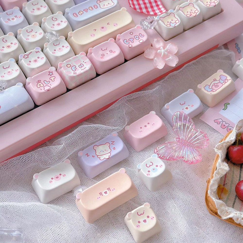 【Unique Bear Head Design】Creative Pink Keycaps EAO Profile Five Sides ...