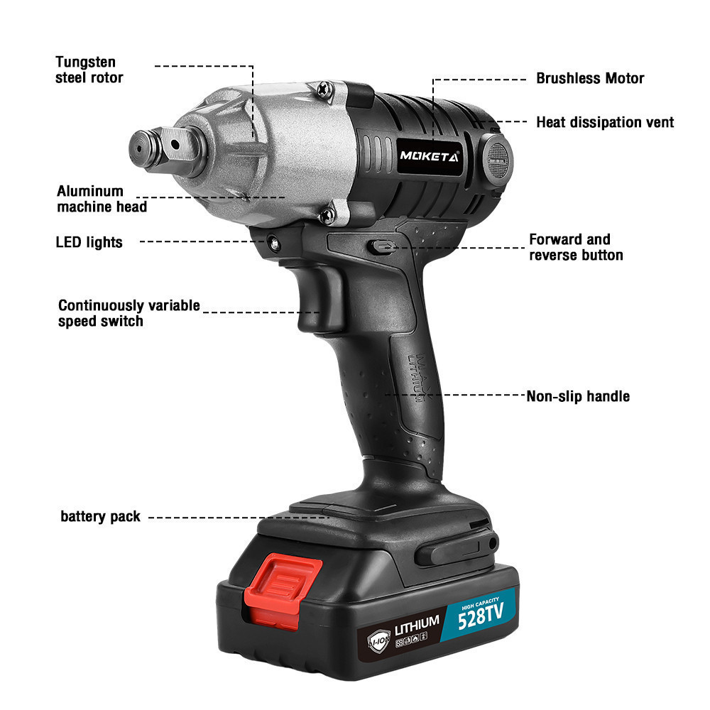 Moketa Electric Impact Wrench Cordless Brushless Ratchet Driver With 2 Batteries Screwdriver ...
