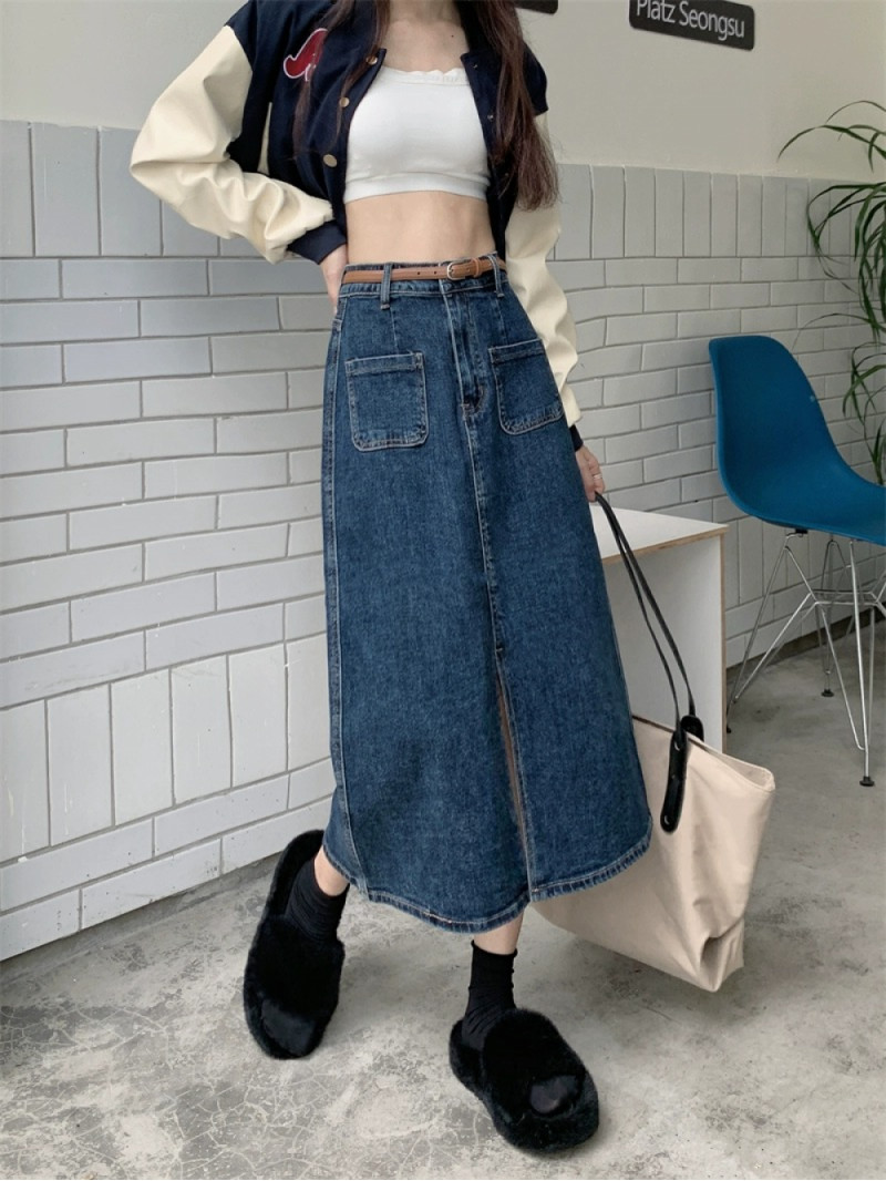 Korean Style Skirt With Slit Palda Denim Long Skirt High Waist Fat ...