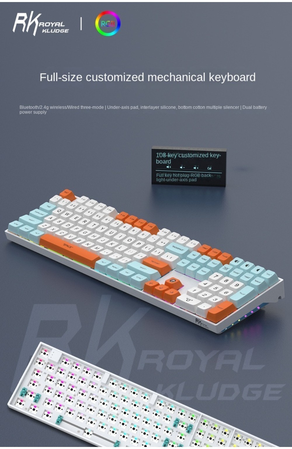 Royal Kludge RK108 Keyboard Mechanical 100% Layout RGB Bluetooth 3-mode ...